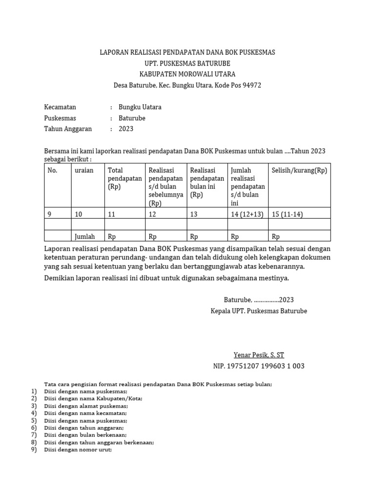 Form 03 Format Laporan Realisasi Pendapatan Dana BOK Puskesmas | PDF ...