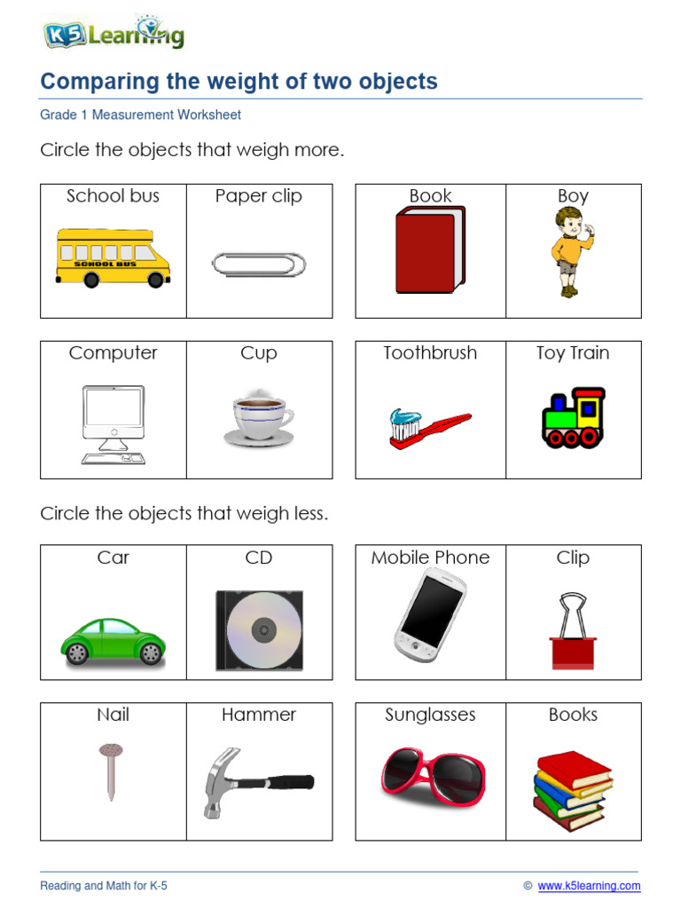 Grade 1 Weight Comparison Worksheet | PDF | Career & Growth | Games ...