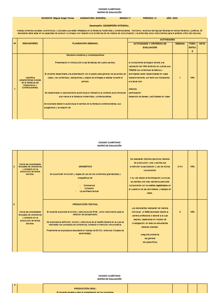 Matriz de Evaluación Once CUARTO Periodo | PDF | Evaluación ...