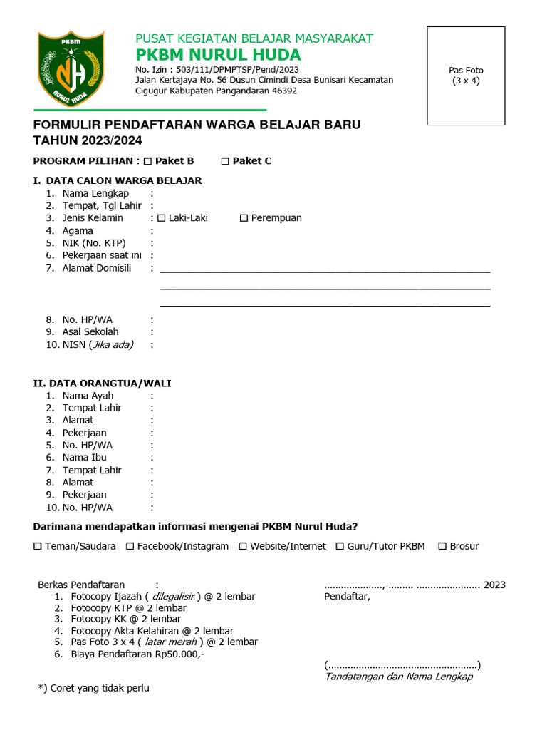 Formulir Daftar PKBM 2023/2024 | PDF | Karier & Perkembangan | Kesehatan Holistik