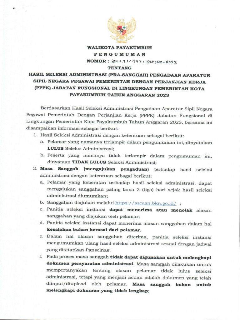 Hasil Seleksi Adm Pra Sanggah Pengadaan Asn PPPK Teknis Dan Nakes | PDF