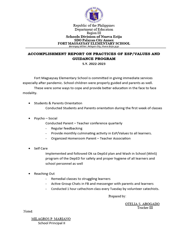 ESP Accomplishment Report 2022-2023 | PDF | Learning | Behavior ...