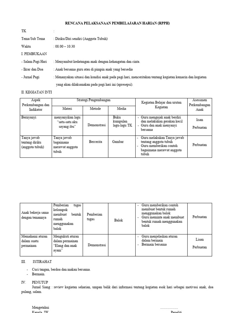 RPPH Pembelajaran Terpadu untuk TK | PDF