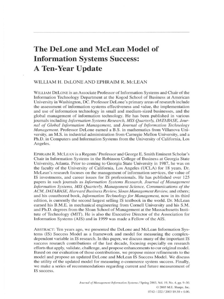 #13. The DeLone and McLean Model of Is Success A Ten Year Update | PDF