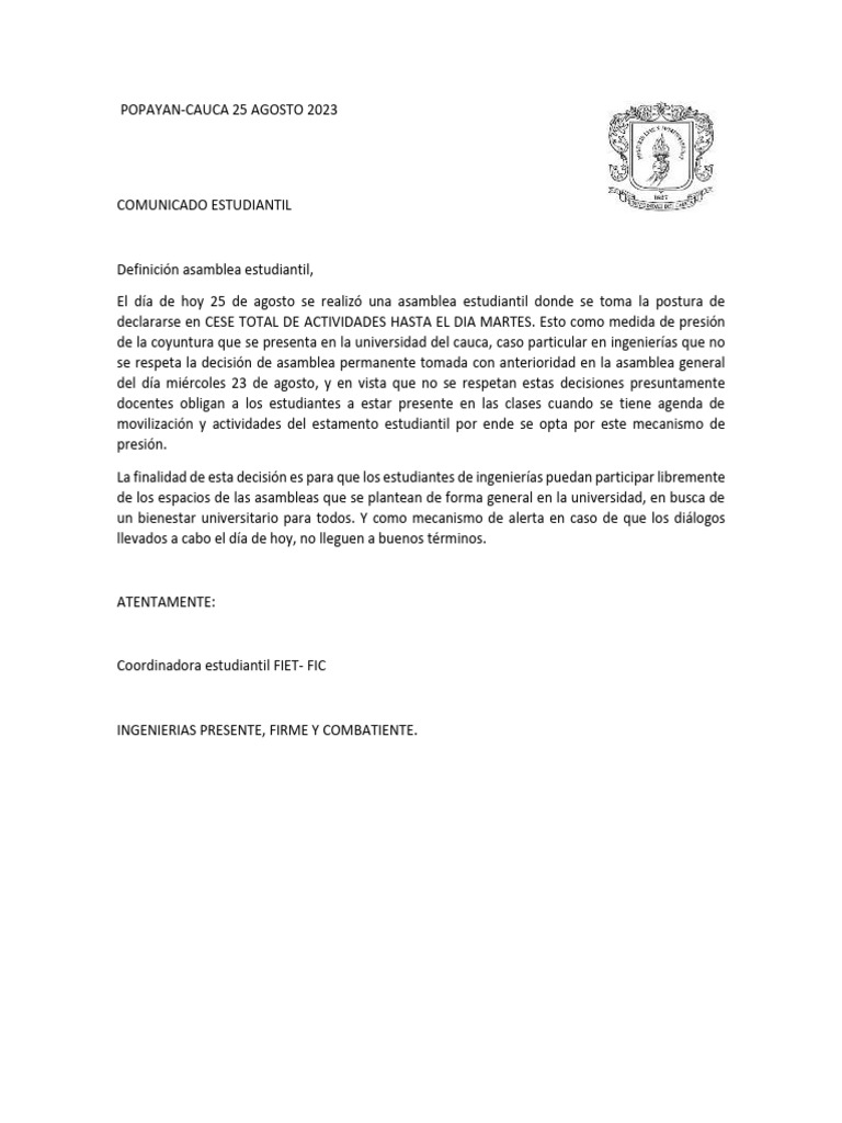 Comunicado Estudiantil | PDF