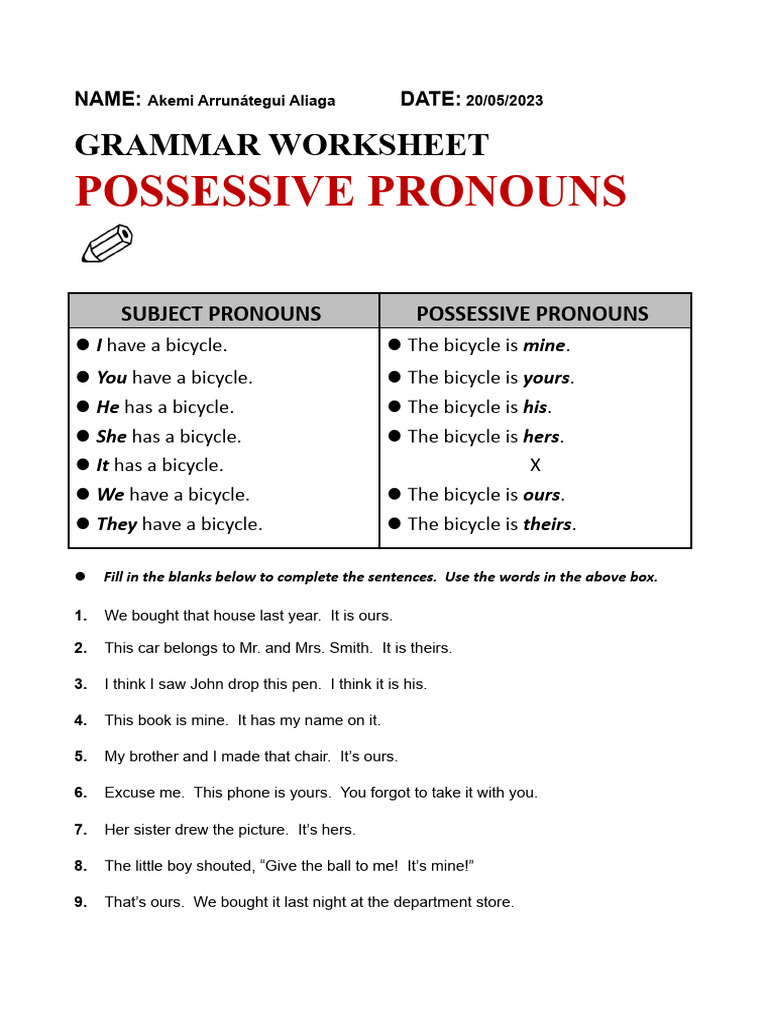 POSSESSIVE PRONOUNS-1 (1) Akemi Arrunátegui Aliaga | PDF