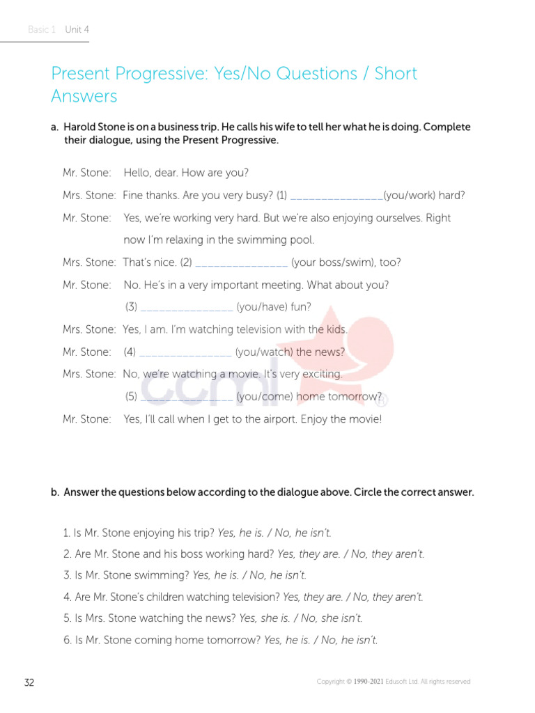 Present Progressive: Yes/No Questions / Short Answers | PDF | Language ...