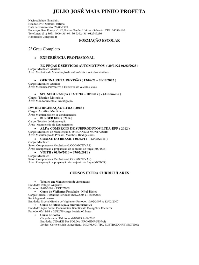 Profissão e Formação de Julio José Pinho | PDF
