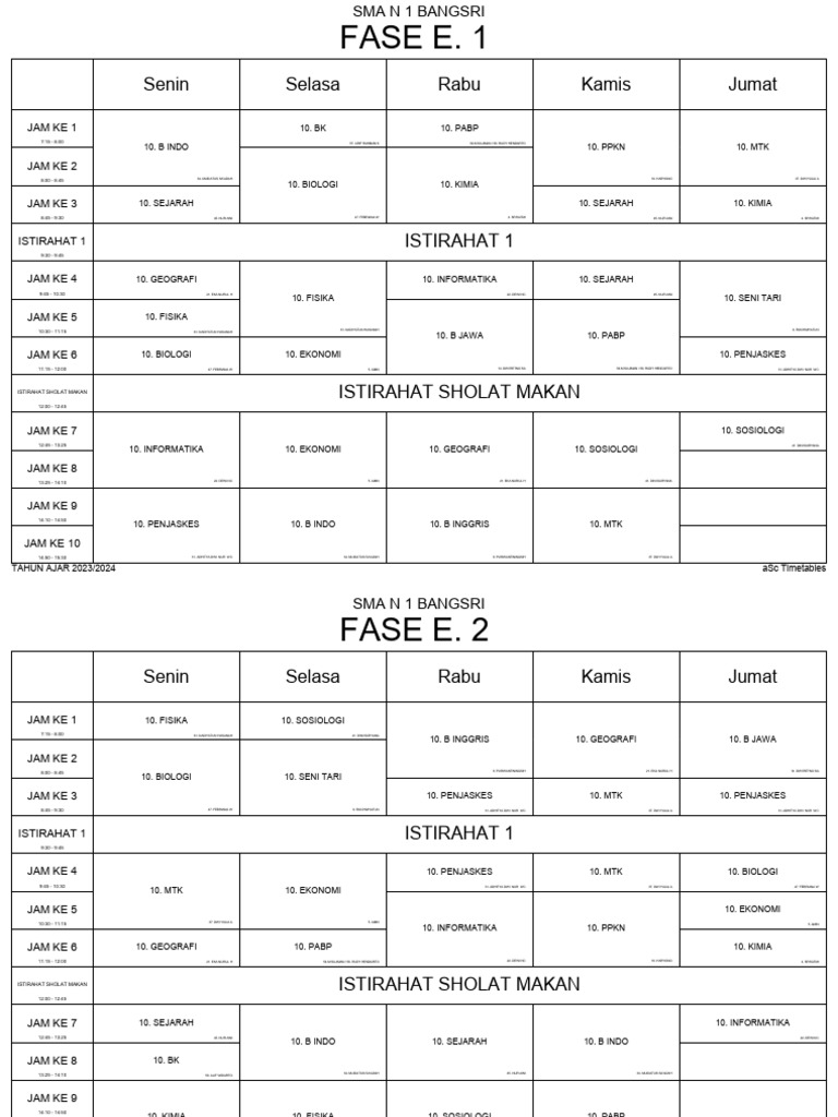 Jadwal Pelajaran SMA N 1 Bangsri | PDF