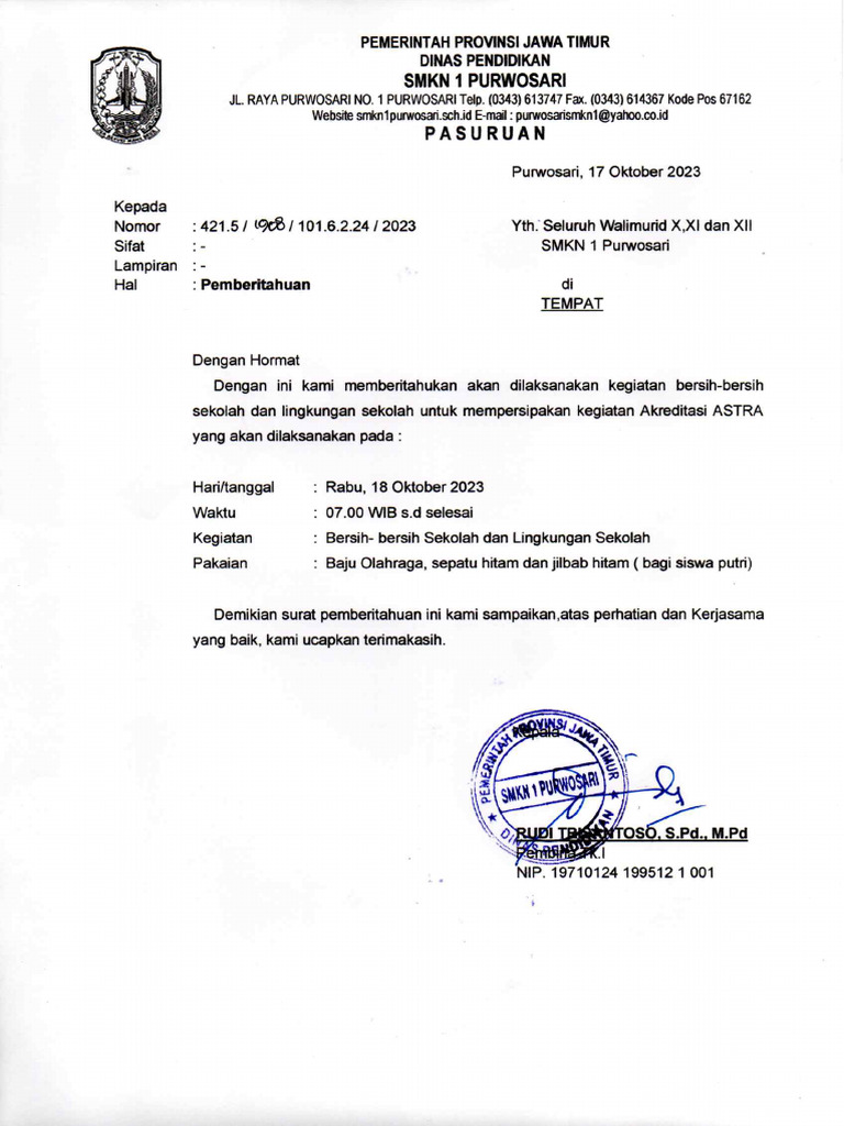Surat Pemberitahuan Siswa | PDF