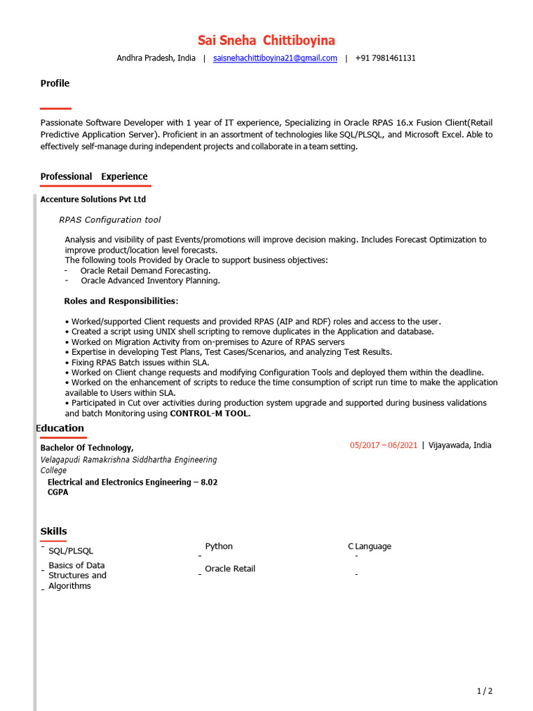 Sneha Resume CTS 1 | PDF | Pl/Sql | Internet Of Things