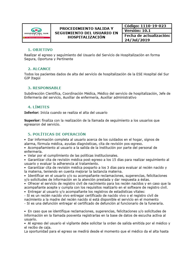 6fa1a Procedimiento Salida y Seguimiento Del Usuario en Hospitalizacion ...