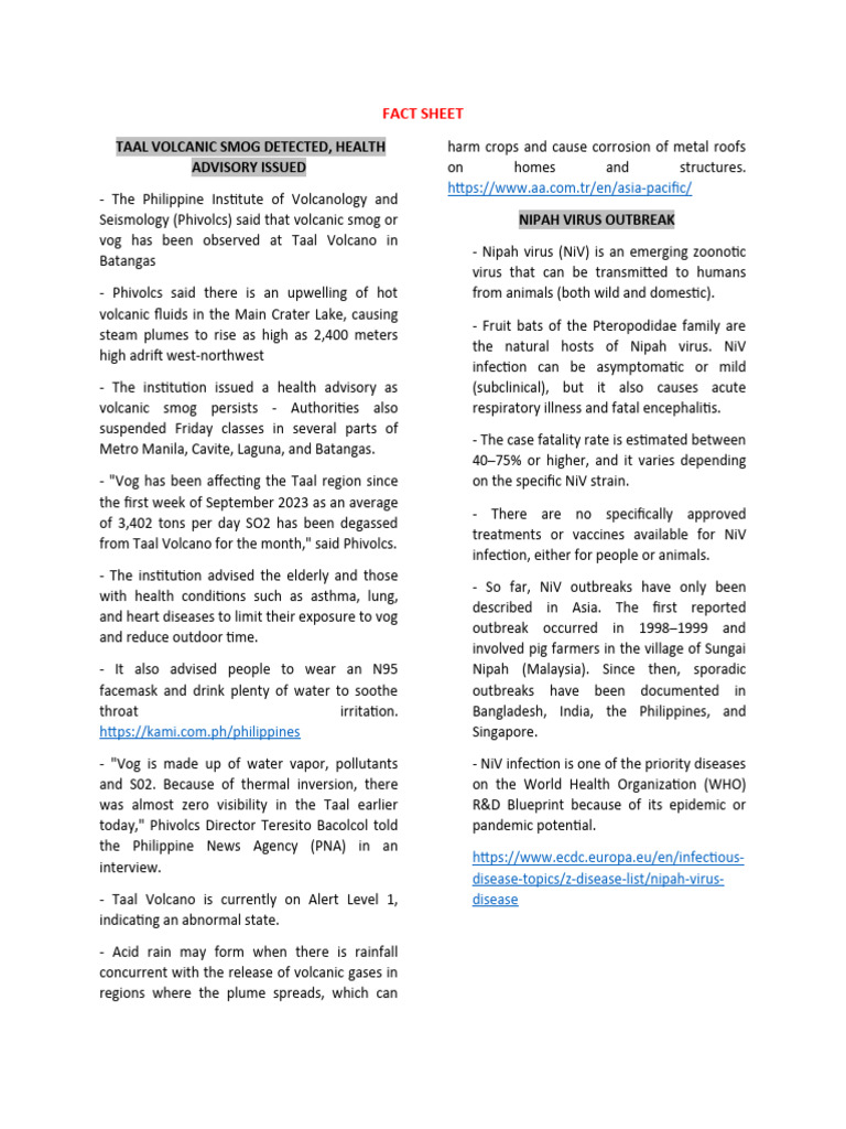 Taal Volcano Smog & Nipah Virus Update | PDF | Medicine | Animal Diseases
