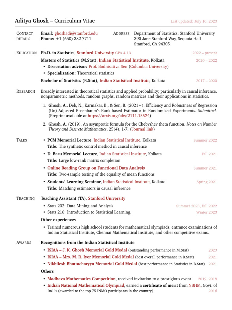 Aditya CV | PDF | Statistics | Statistical Inference
