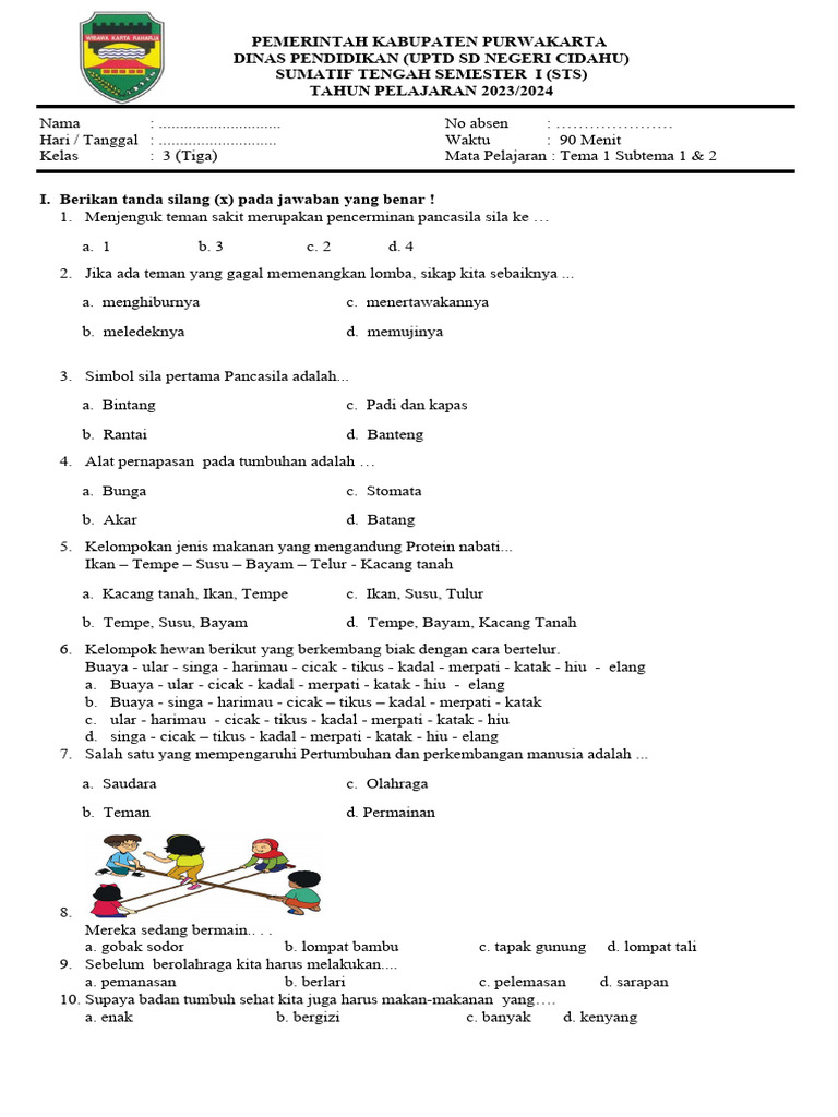 Soal PTS Kelas 3 Tema 1 Sub 1&2 | PDF