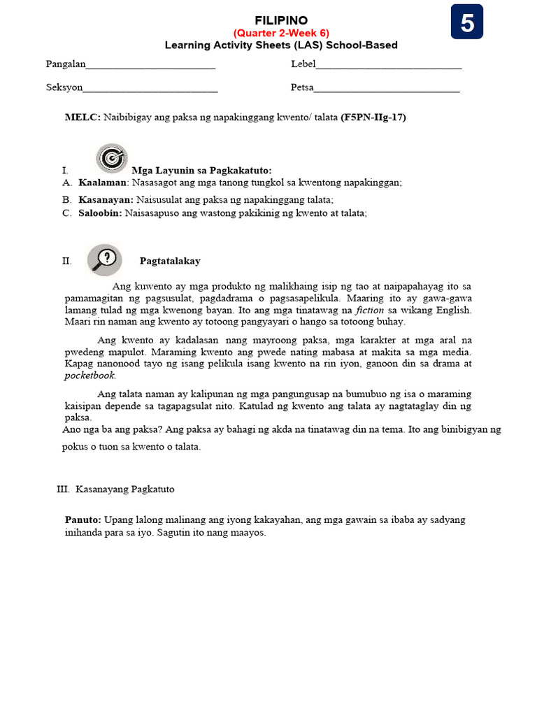 Las Quarter 2 Week 6 Filipino 5 | PDF