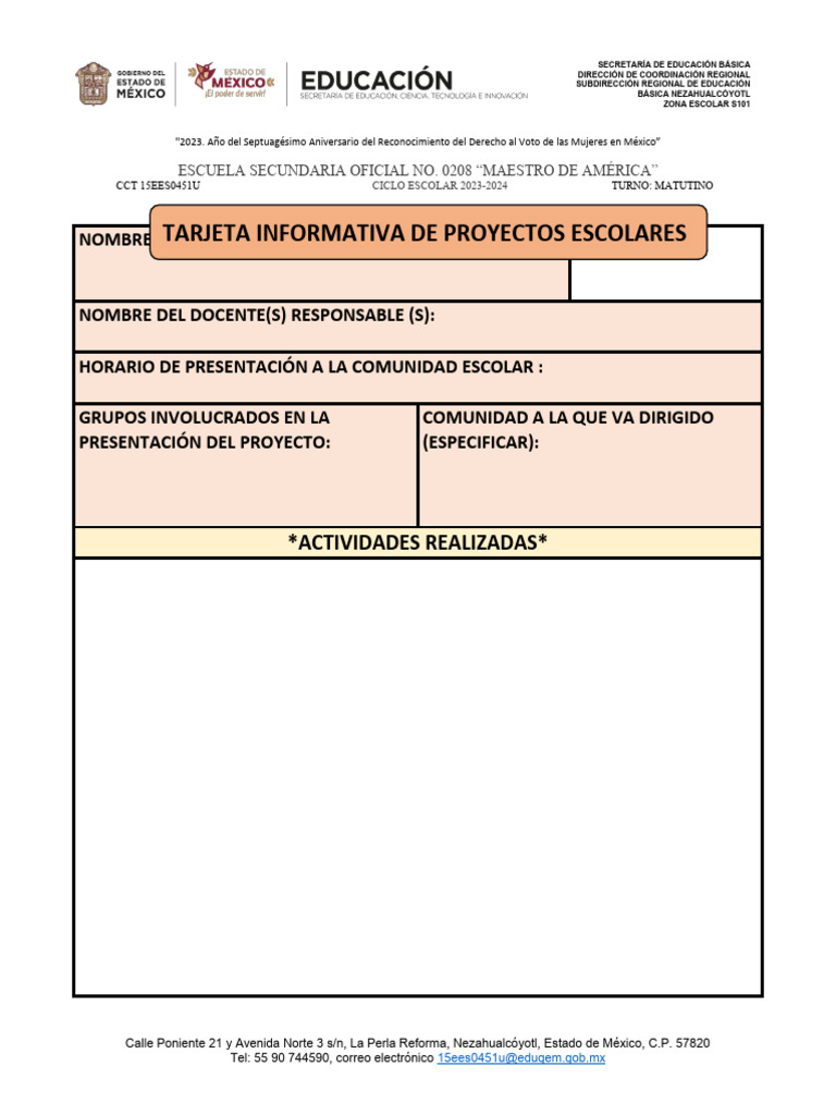 Tarjeta Informativa de Proyectos Escolares 208 Mat. | PDF | Etapas ...