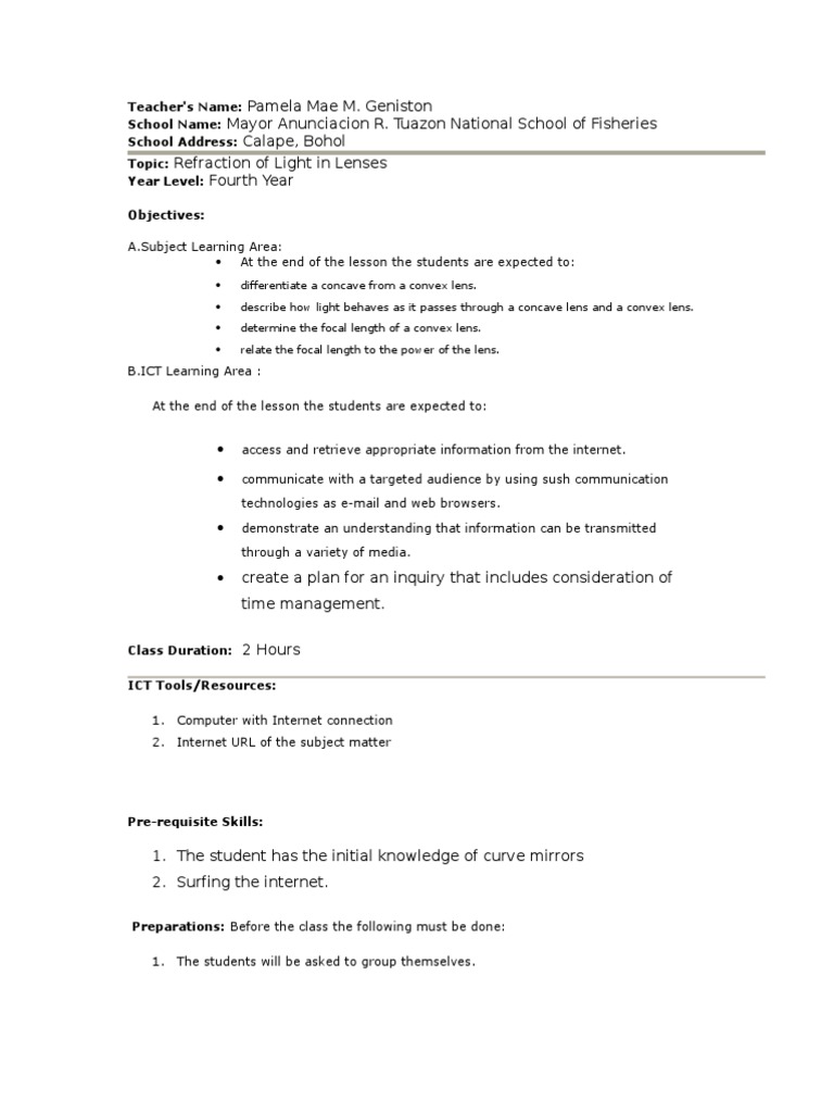 Template of My Lesson Plan in Physics | Lens (Optics) | Educational ...