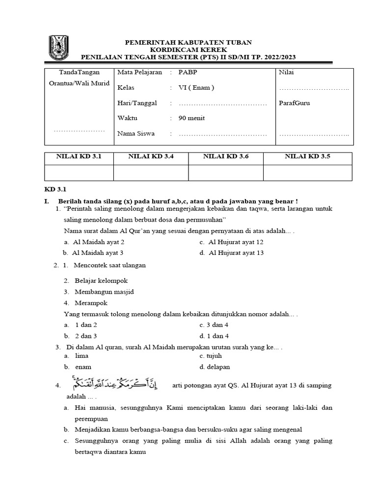 Soal PTS Pai KLS 6 SM 2 2022-2023 | PDF
