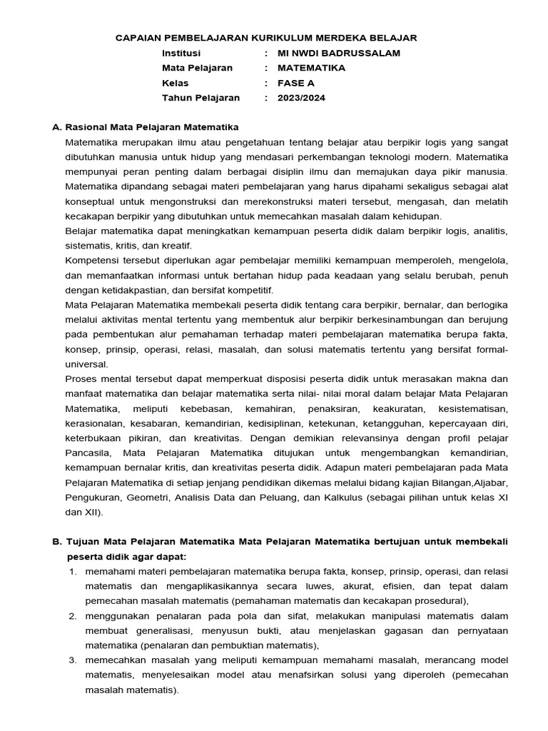 Capaian Pembelajaran Kurikulum Merdeka Belajar Kelas 2 MTK | PDF