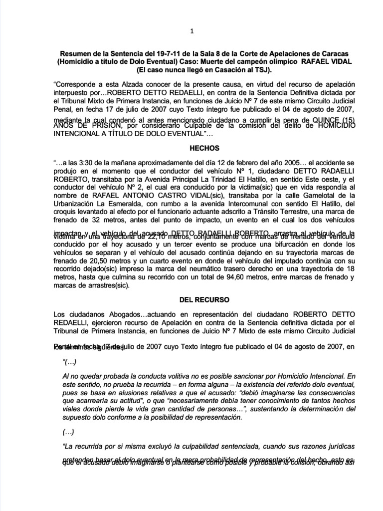 Homicidio Dolo Eventual: Caso Rafael Vidal | PDF | Intención (Derecho Penal) | Homicidio