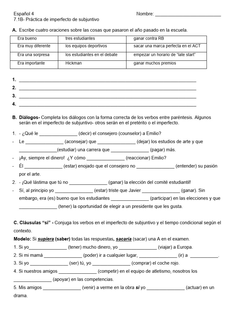 4 - 7.1B - Practica Con Imperfecto de Subjuntivo y Clausulas de Si ...