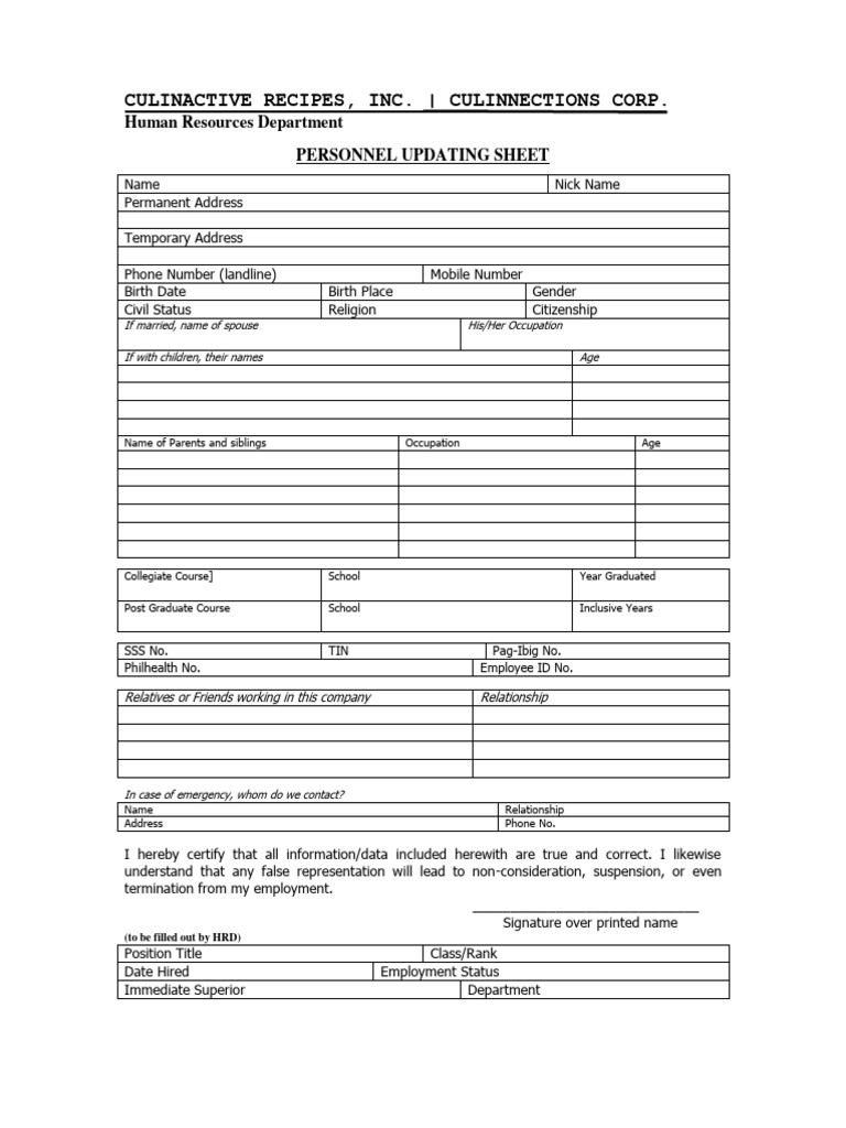 HR Personnel Information Form | PDF