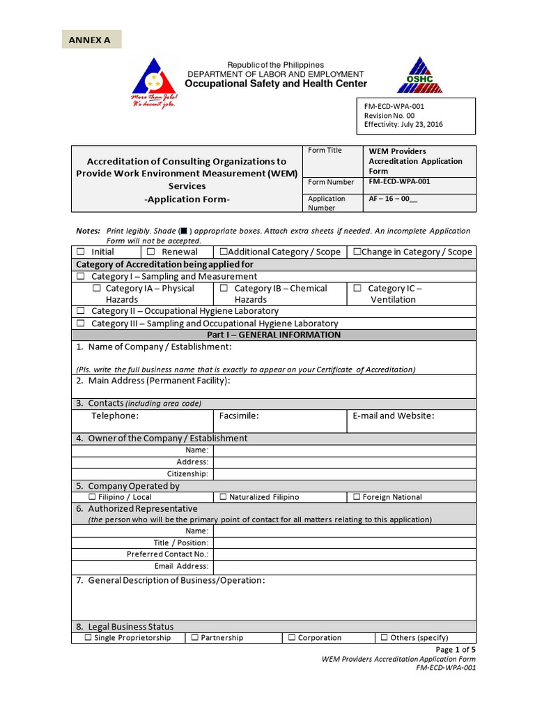 Annex A - WEM Providers Accreditation Application Form | PDF | Occupational Hygiene | Business