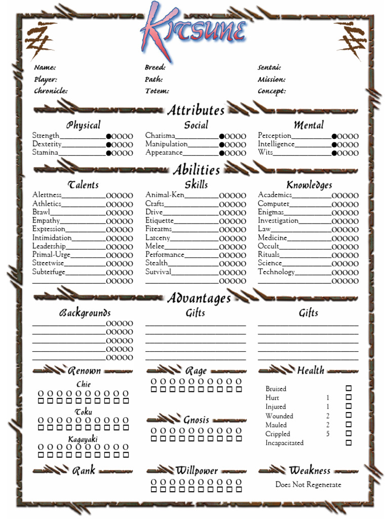 Kitsune Character Sheet for WTA | PDF