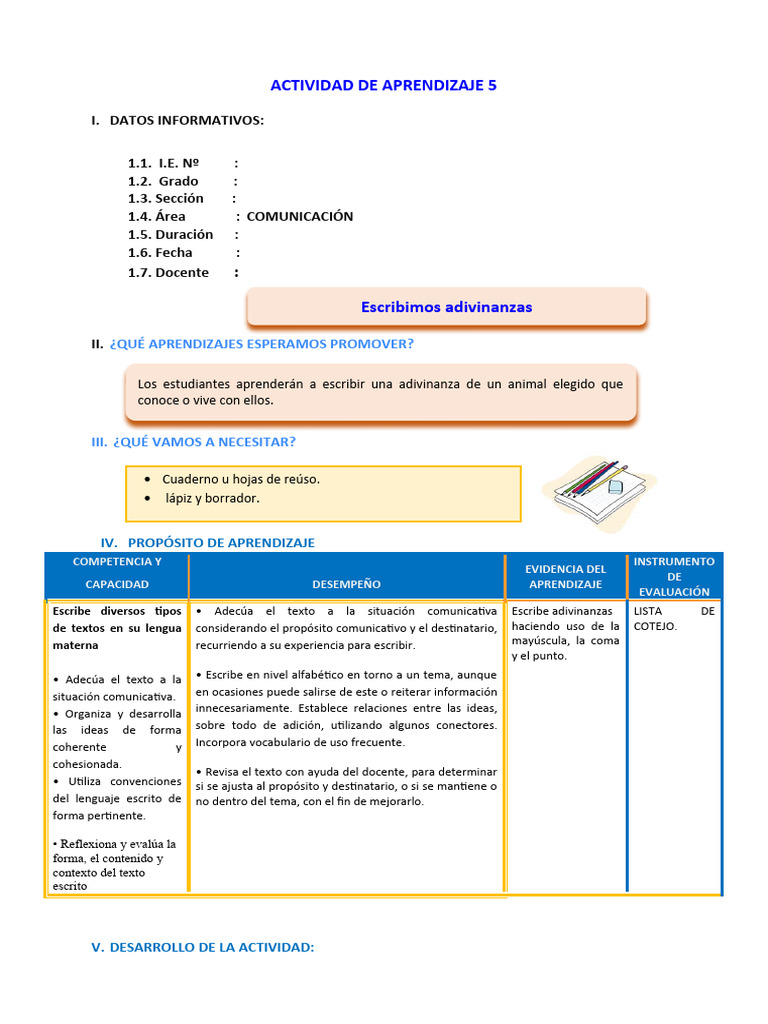 D5 A1 SESION Escribimos Adivinanzas | PDF | Evaluación | Aprendizaje