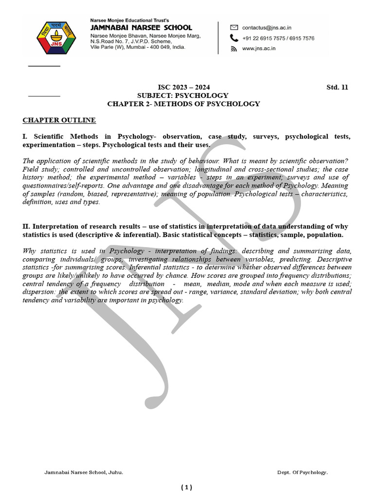 Gr. 11 Psychology Chap. 2 - Methods of Psychology Notes 2023-24 | PDF ...