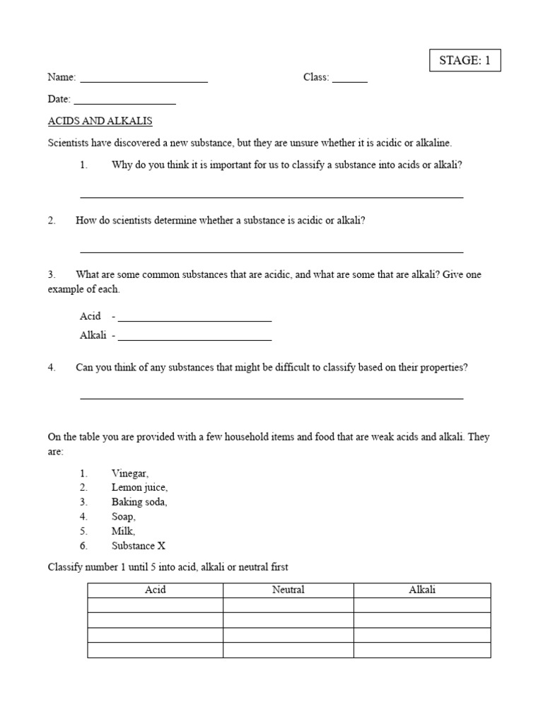 ACIDS AND ALKALIS Investigation Answer Sheet | PDF | Acid | Ph