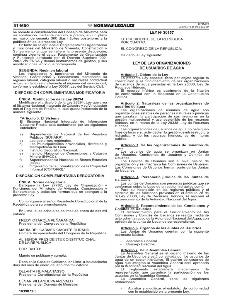 Ley #30157 - Ley de Las Organizaciones de Usuarios de Agua | PDF ...