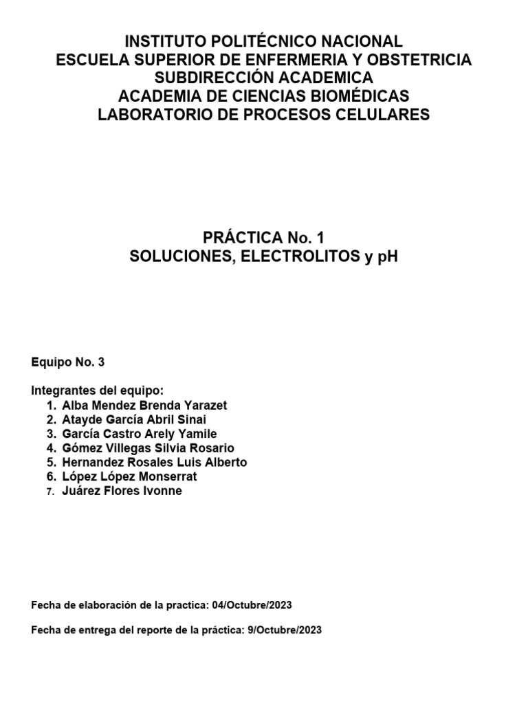 REPORTE de La PRÁCTICA No 1 Soluciones, Electrolitos y PH 2024 | PDF | Solución tampón ...