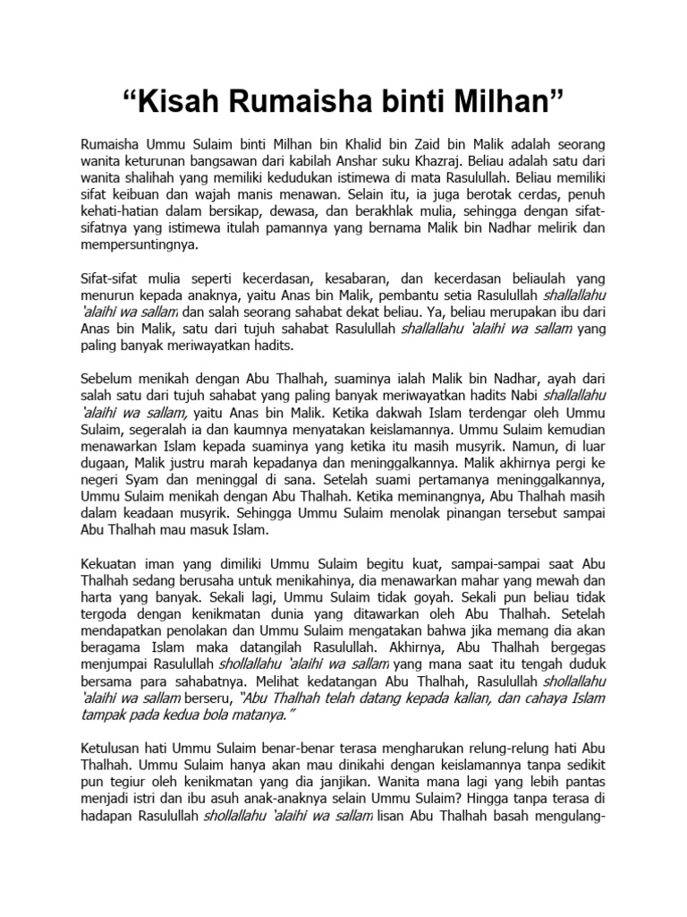 Kisah Rumaisha Binti Milhan | PDF