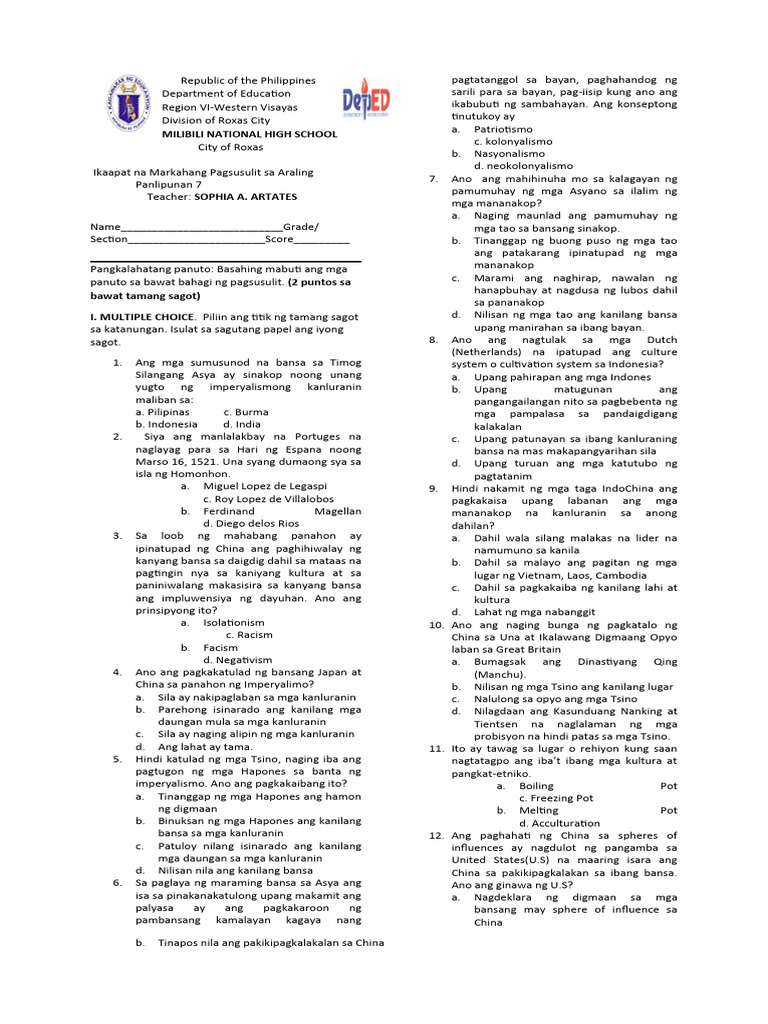 AP 7 4th Quarter Unit Test | PDF