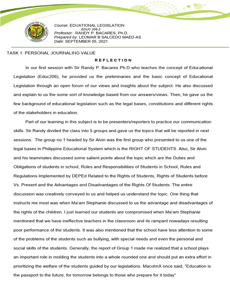 Salcedo - Journal 1 | PDF | Behavior Modification | Cognition