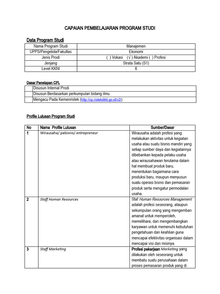 Capaian Pembelajaran Program Studi Data Program Studi: Dasar Penetapan CPL | PDF