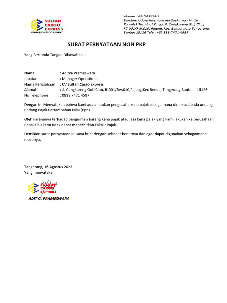 SURAT PERNYATAAN NON PKP | PDF
