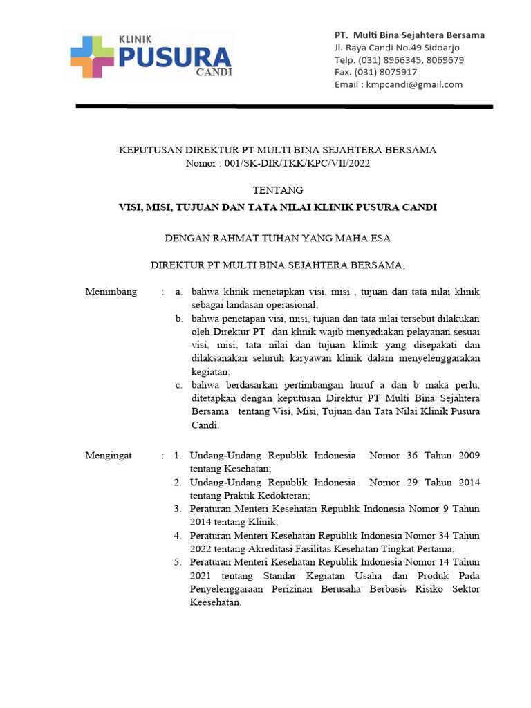 TKK1 EP1 SK001 Visi, Misi, Tujuan Dan Tata Nilai $ | PDF