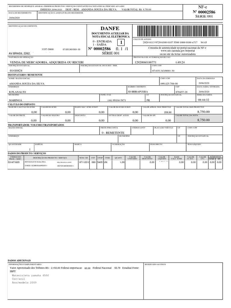 Nota Fiscal Moto CRF | PDF | Recibo | Veículos