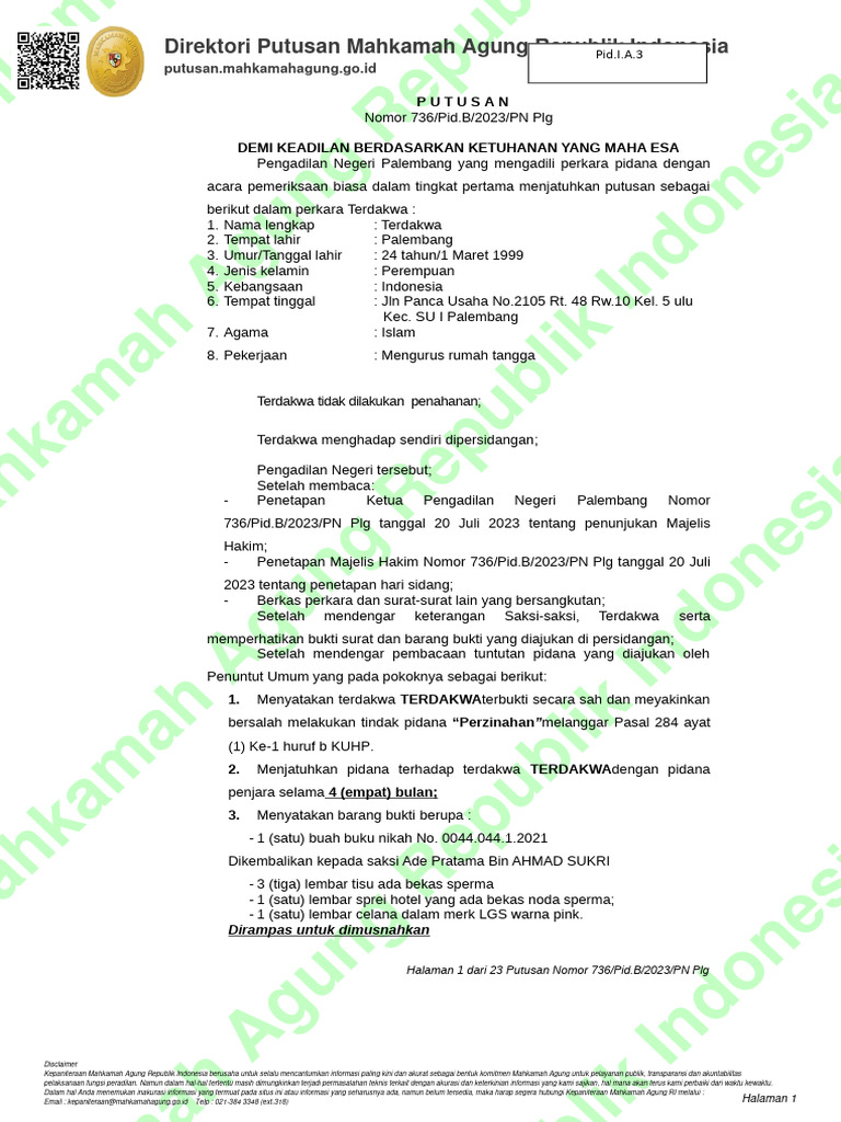 Putusan 736 Pid.b 2023 PN PLG 20231019134952 | PDF