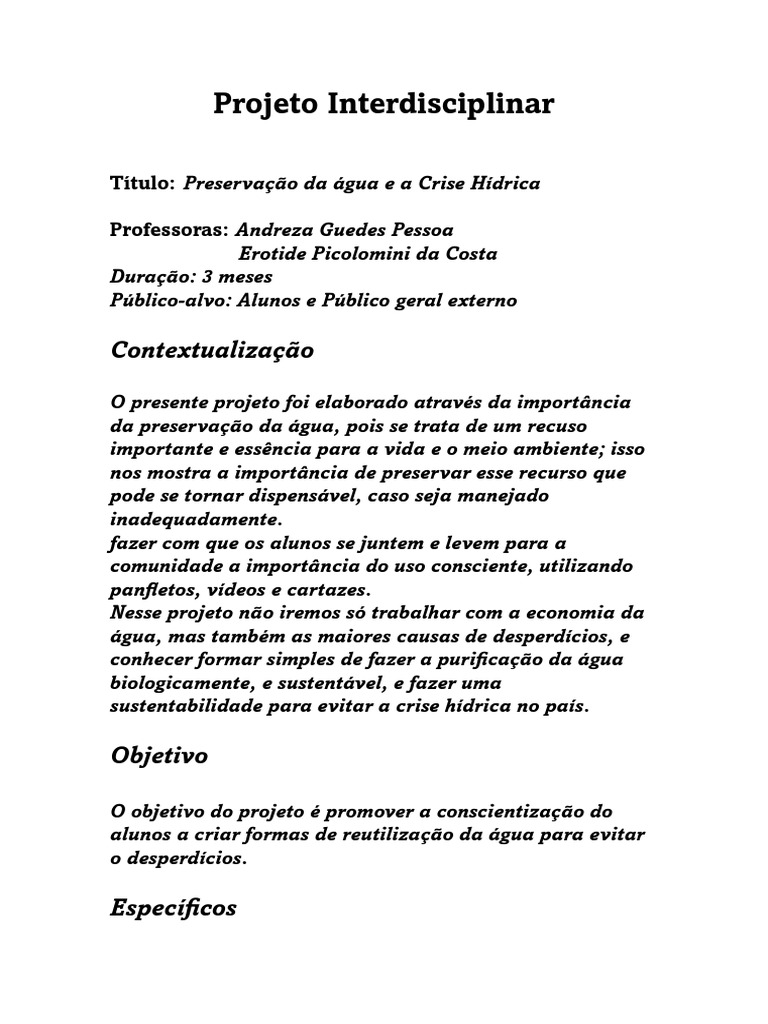Projeto Interdisciplinar - Ensino Por Projetos 2 | PDF | Escassez de água | Interdisciplinaridade
