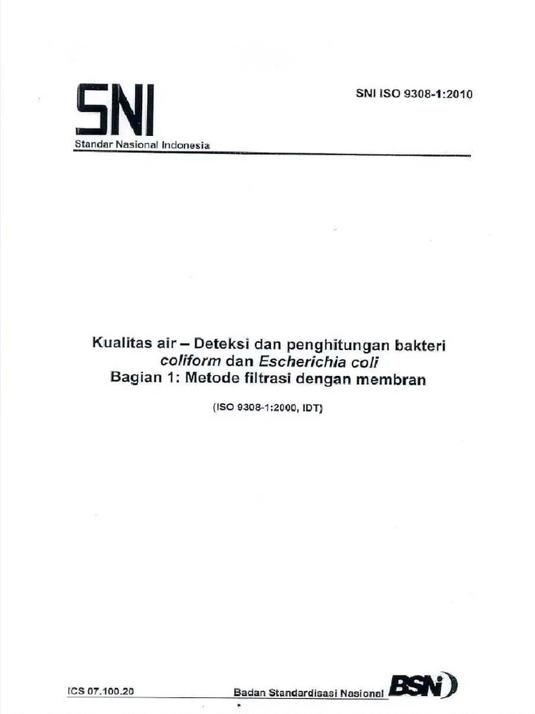 Sni Iso 9308 12010 Kualitas Air Deteksi Dan Penghitungan Bakteri ...