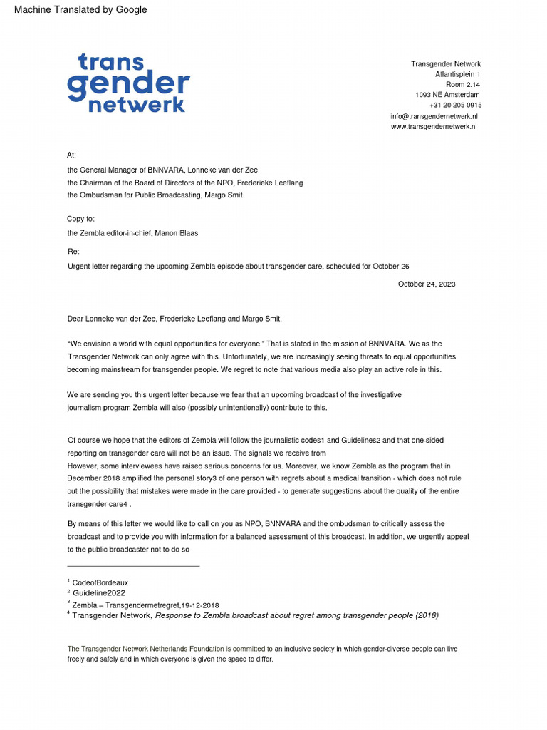 Protest Letter by Transgender Netwerk Nederland For The Zembla Episode ...