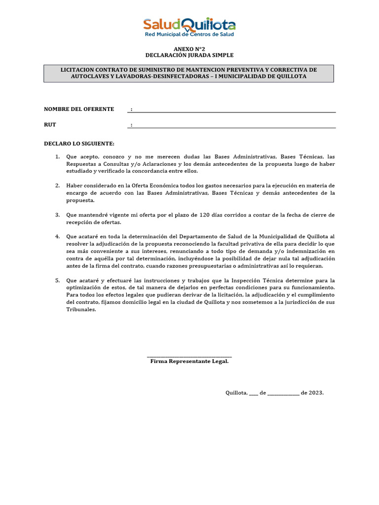 2.-ANEXO N°2 Declaración Jurada Simple | PDF