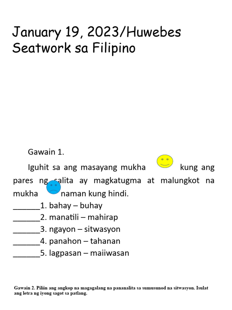 Seatwork in Filipino Quarter 2 | PDF