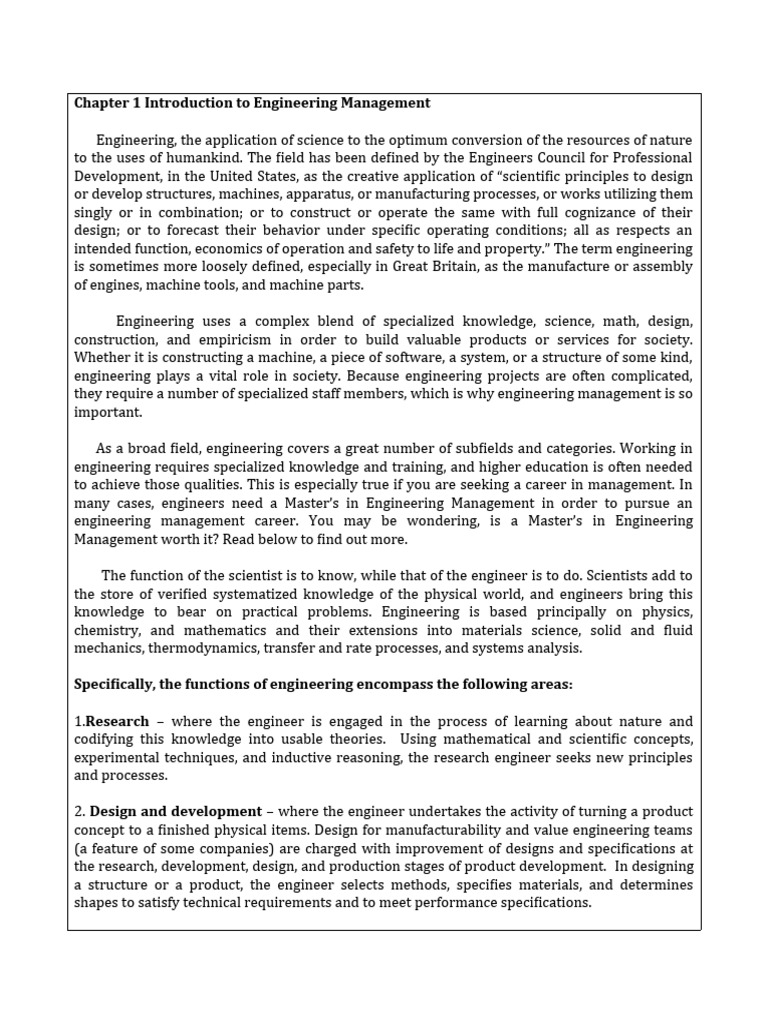 Chapter 1 Introduction To Engineering Management | PDF | Engineering ...