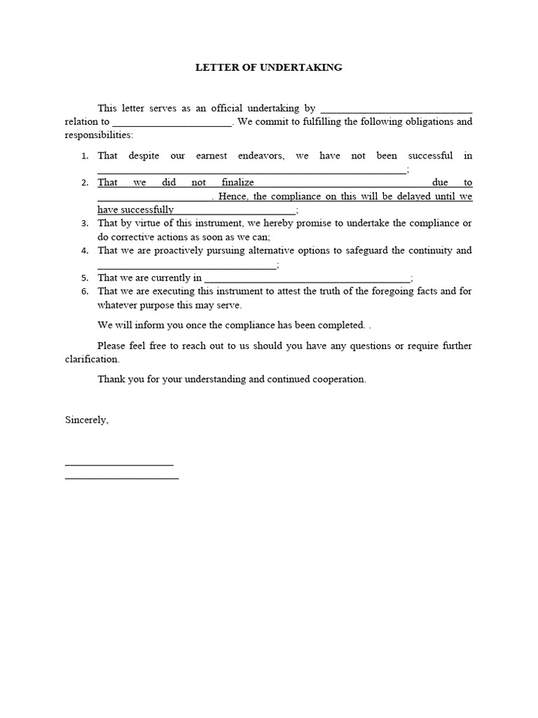 LETTER OF UNDERTAKING Template | PDF