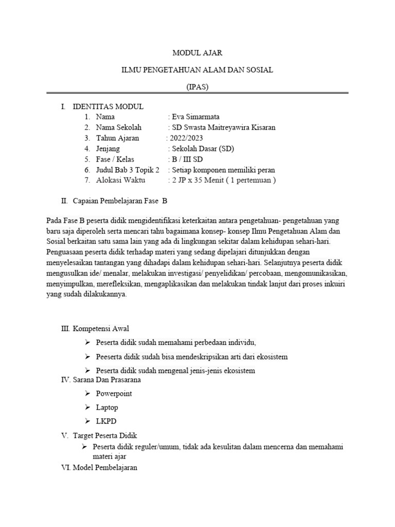 Modul Ajar Ipas Kelas 3 Eva 1 Pdf